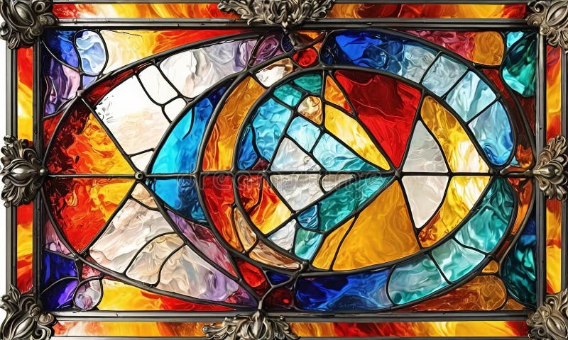 Stained Glass Window Features Vibrant Abstract Design with Overlapping ...