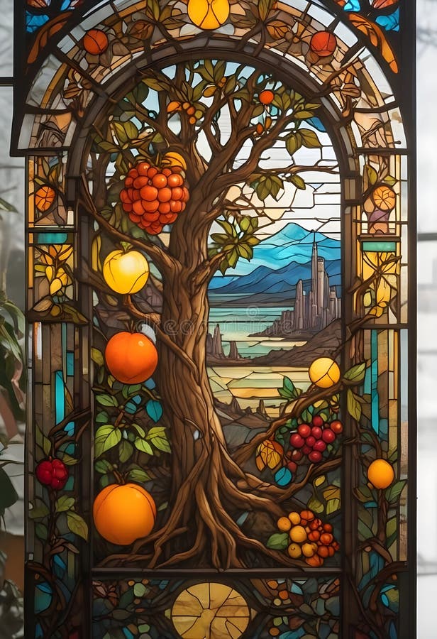 Stained Glass Window Featuring a Fruit Tree and Cityscape Stock Vector ...