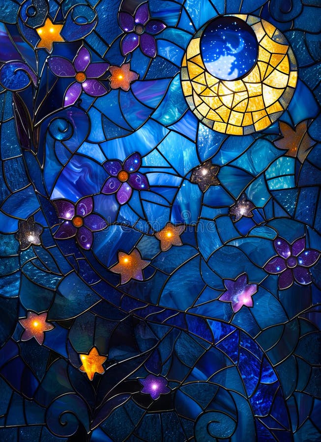 A Stained Glass Window with Flowers and Stars Stock Image - Image of ...
