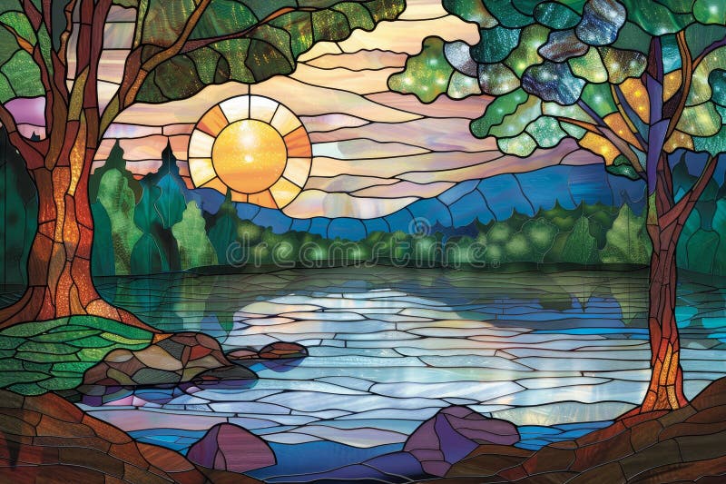 A Stained Glass Window of a Forest with a Lake and a Sun Stock Image ...
