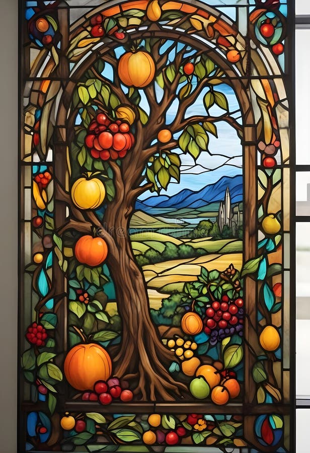 Stained Glass Window with a Fruit Tree and a Mountainous Landscape ...