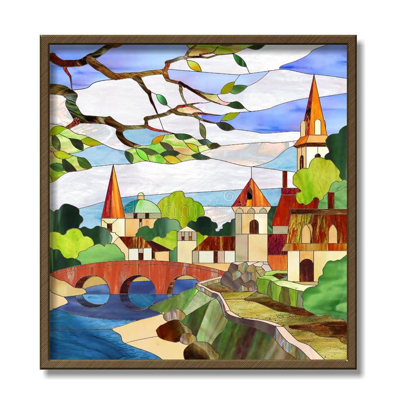 Stained Glass Window with the Landscape Stock Illustration ...