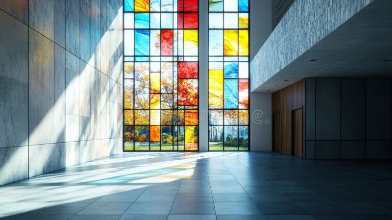 Stained Glass Window in a Modern Building Stock Image - Image of bright ...