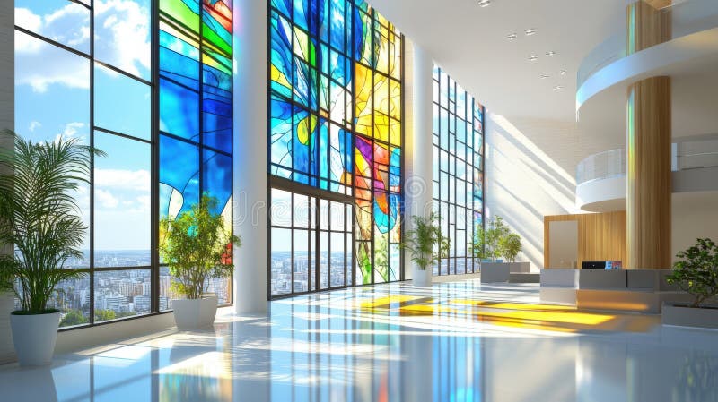 Stained Glass Window in a Modern Building Stock Image - Image of ...