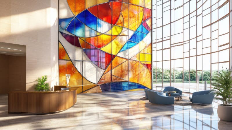 Stained Glass Window in a Modern Building Stock Image - Image of ...