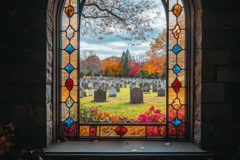 Stained Glass Window Overlooking Cemetery in Autumn Stock Photo - Image ...