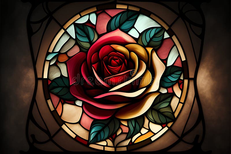 Stained Glass Window with a Red Rose on a Dark Background. Stock ...