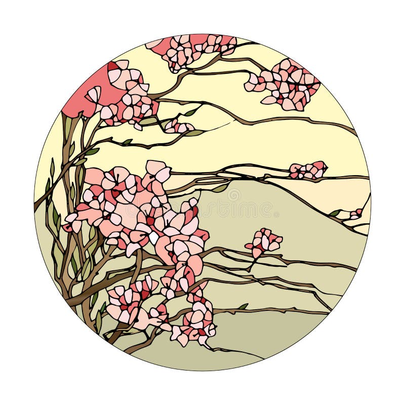 Stained Glass Window with Sakura Stock Vector - Illustration of japan ...