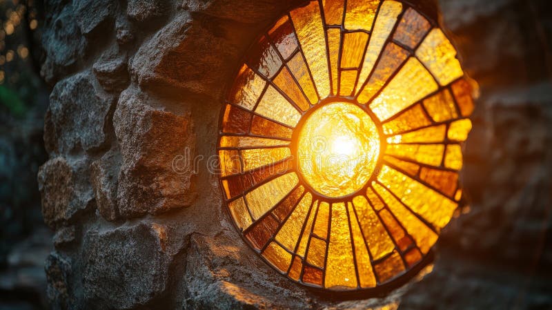 Stained Glass Window Set in a Stone Wall. Stock Image - Image of ...