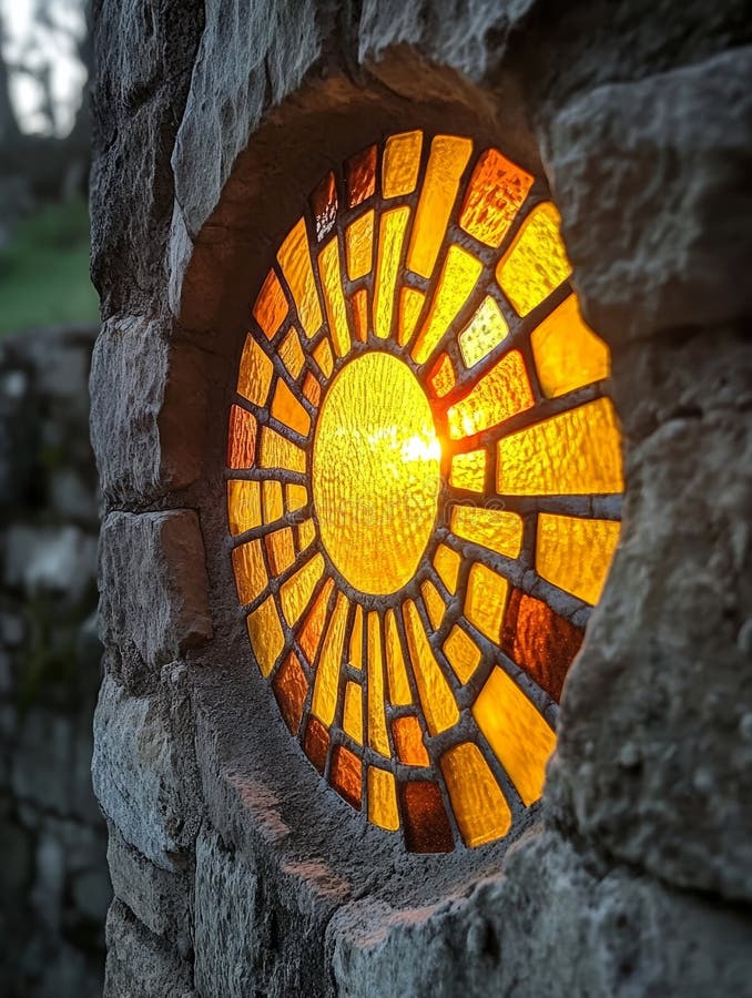 Stained Glass Window Set in a Stone Wall at Sunset. Stock Photo - Image ...