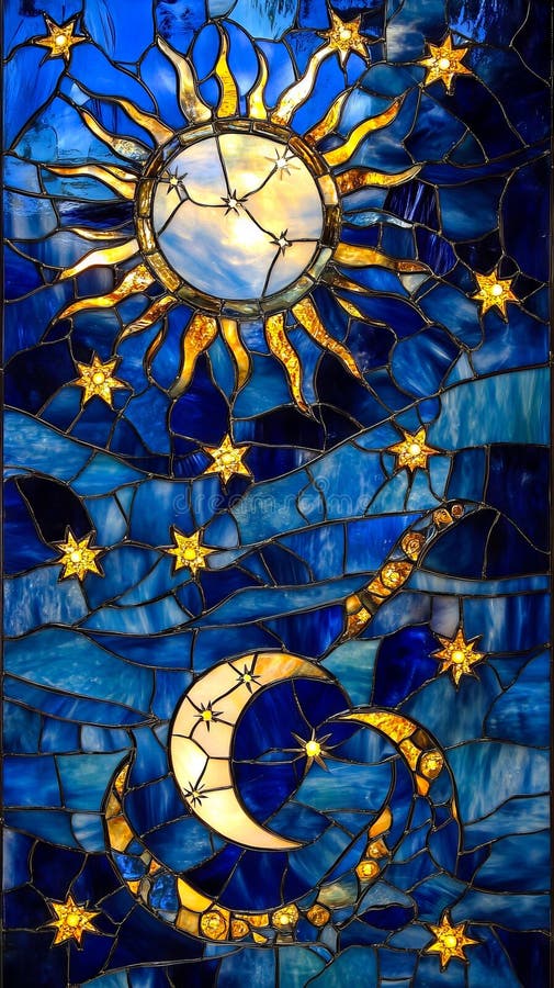A Stained Glass Window with a Sun and Moon in the Sky Stock Image ...