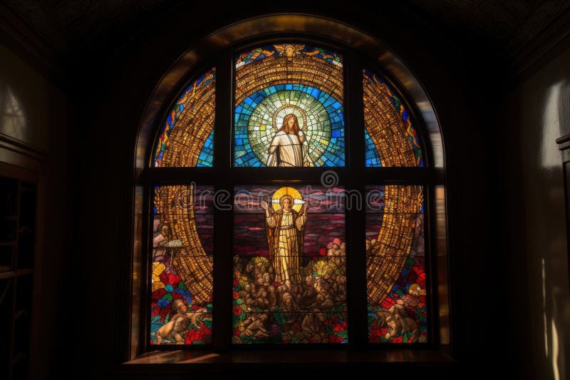 Stained Glass Window With The Sun Shining Through Illuminating Mosaic Scene Stock Illustration
