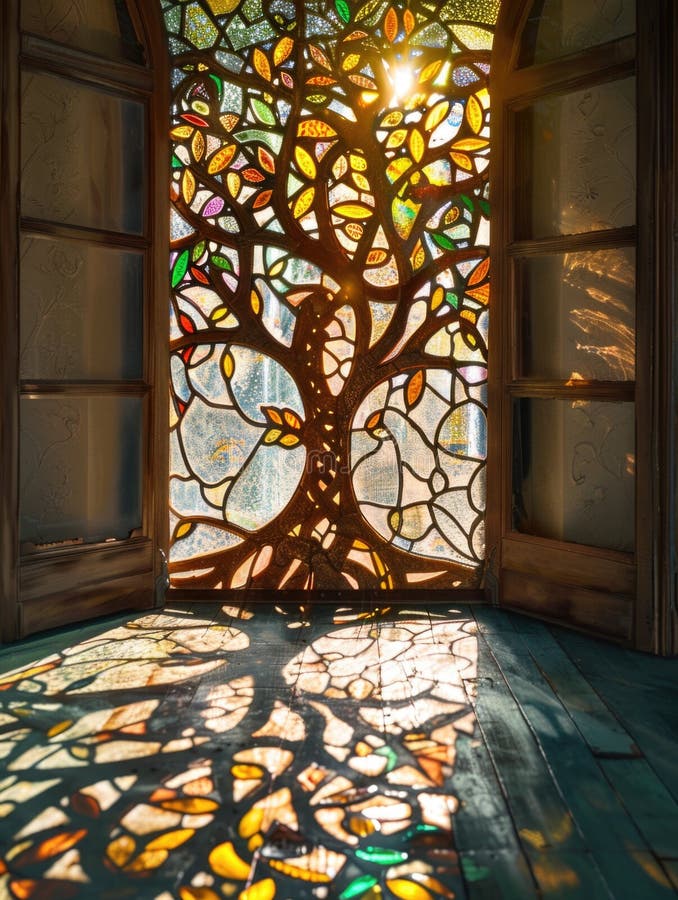 Stained Glass Window with Tree Stock Image - Image of glass, botanical ...