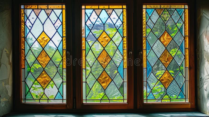 Stained Glass Windows with Colorful Geometric Patterns in Wooden Frame ...