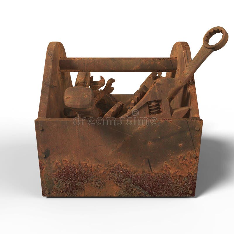 Stained Worn-out Toolbox with Rusty Tools, Wrench, Spanner, Hammer ...