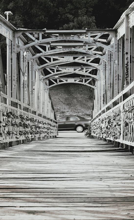 Stainless Bridge with Padlocks and Car Stock Photo - Image of black ...