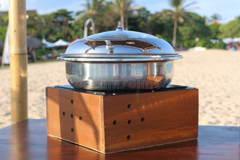 Stainless Dishes for Buffet on the Beach Stock Image - Image of sand ...