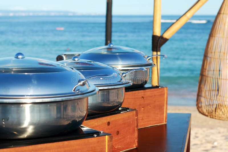 Stainless Dishes for Buffet on the Beach Stock Photo - Image of ...