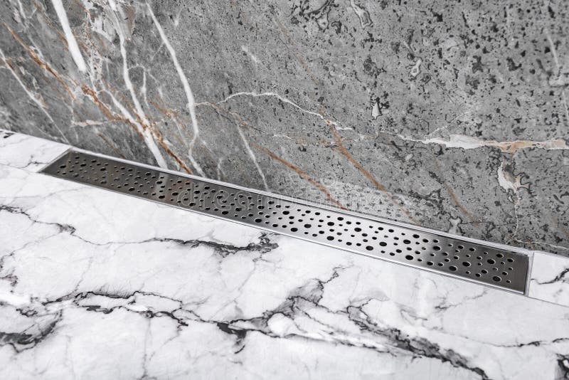 Stainless Linear Shower Drain System in Shower Room. Stock Photo ...