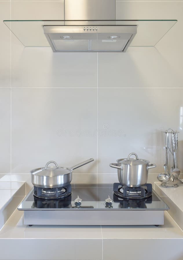 Stainless Pan on Gas Stove with Utensil in Kitchen Stock Photo - Image ...