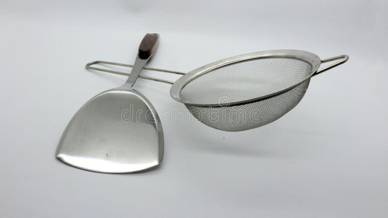 Stainless Spatula and Strainer Isolated Stock Image - Image of closeup ...