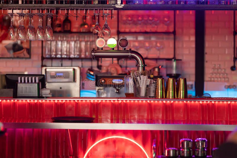 Empty Bar Counter with Beer Taps Illuminated at Night Stock Image ...