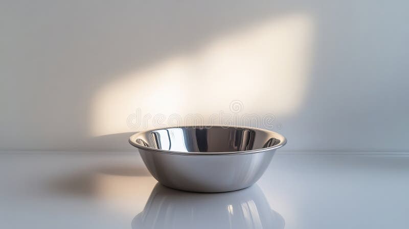 Stainless Steel Bowl on a Reflective Surface with Sunlight and Shadow ...