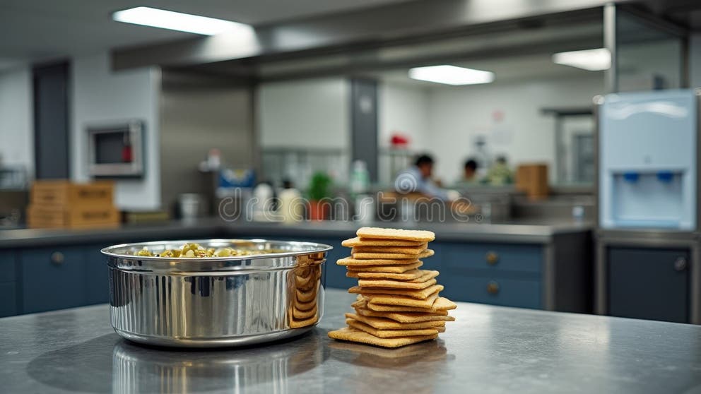 Stainless Steel Bowl and Stack of Crackers on Kitchen Counter in Modern ...