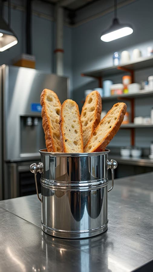 Stainless Steel Bucket with Fresh Baguettes in Industrial Kitchen ...