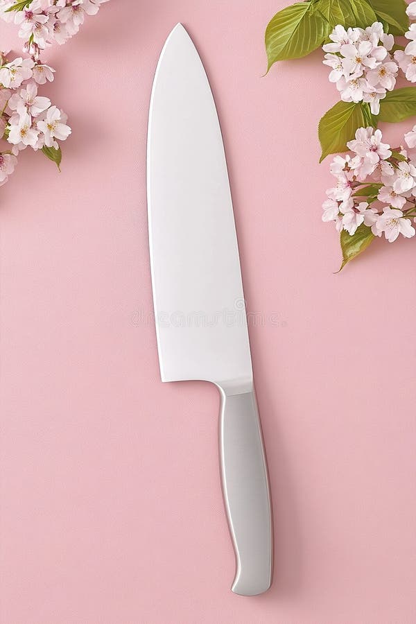Stainless Steel Chef Knife on Pink Background with Cherry Blossoms ...