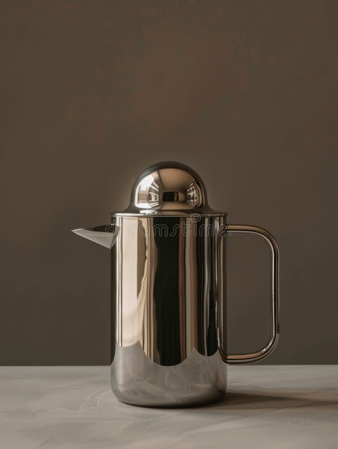 Stainless Steel Coffee Pot with Reflective Surface on a Table Stock ...
