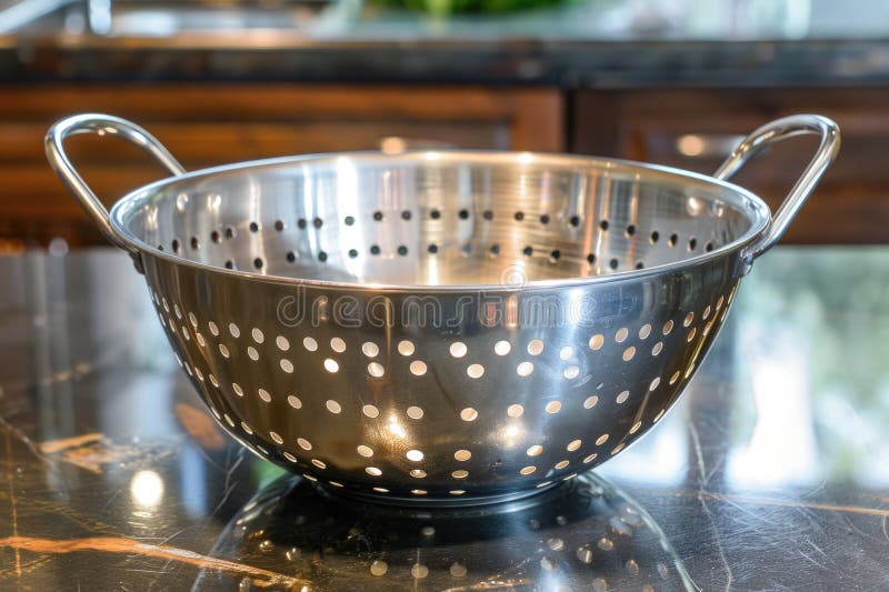 A Stainless Steel Colander Sitting on a Kitchen Counter, Ready for Use ...
