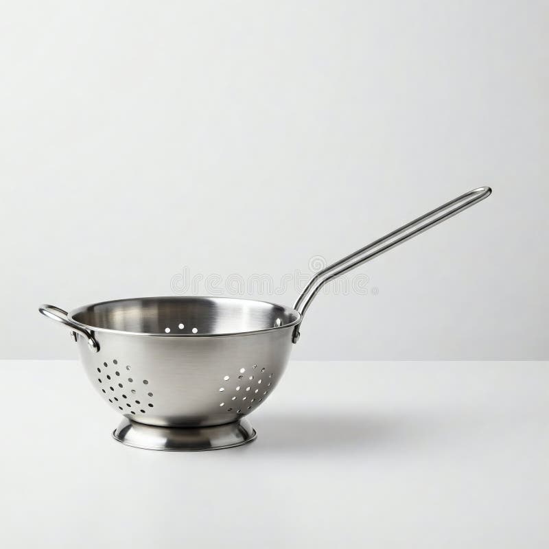 Stainless Steel Colander on a White Table with Copy Space Stock ...