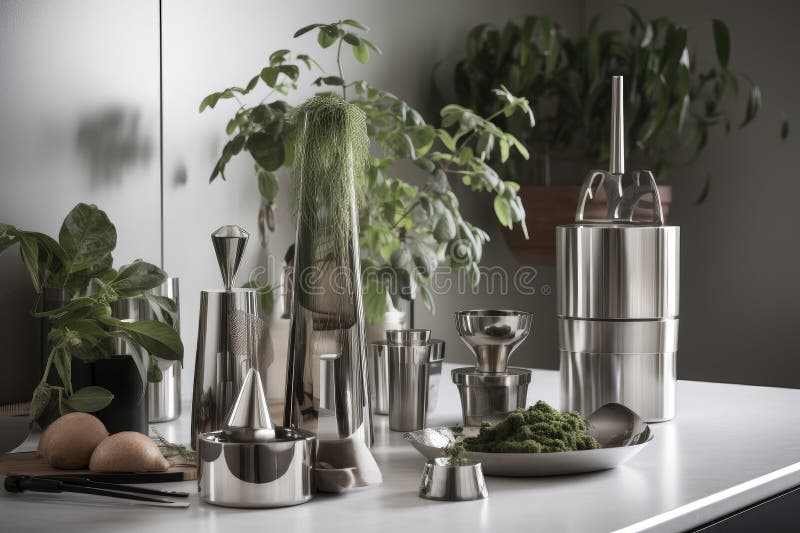 Stainless Steel Collection of Objects, Including Plants and Vases for a ...