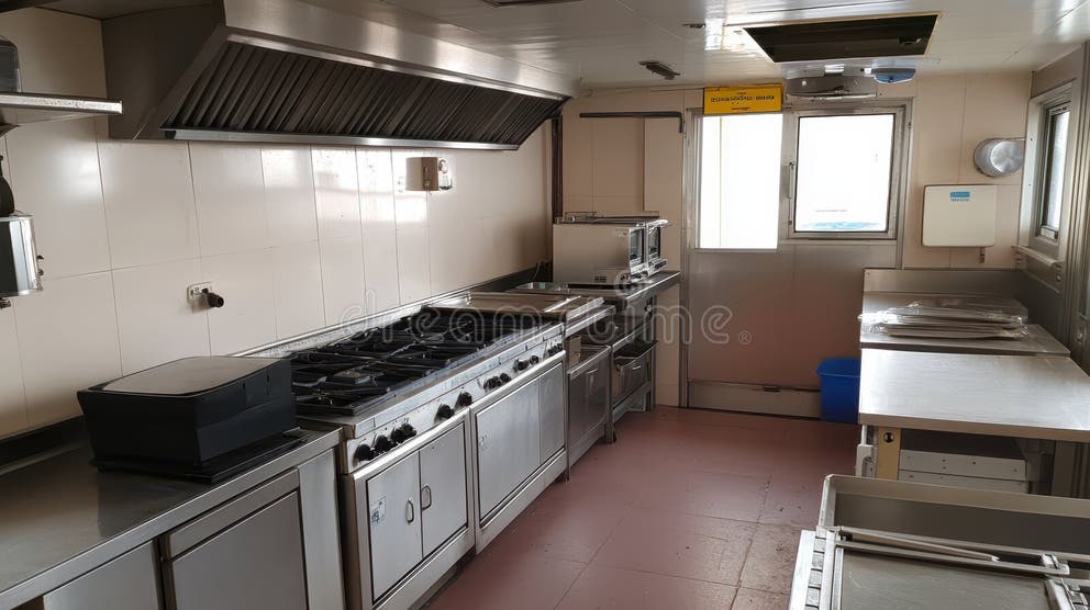 Stainless Steel Commercial Kitchen Range, Oven, and Workspace Stock ...