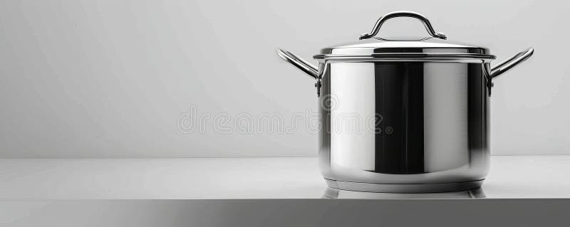 Stainless Steel Cooking Pot on White Countertop, Reflective Kitchenware ...
