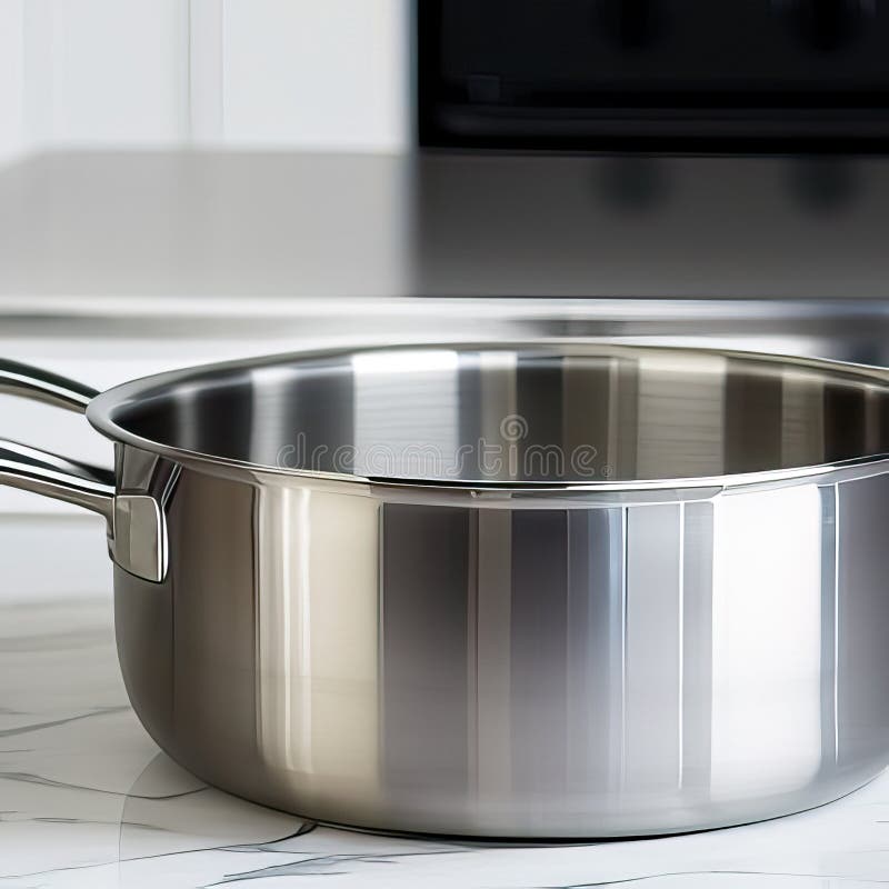 Stainless Steel Cooking Pot on White Marble Kitchen Countertop Stock ...
