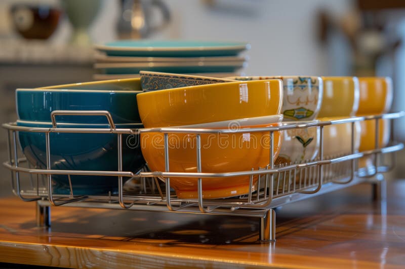 Stainless Steel Dish Rack with Ceramic Dishes in Soft Focus Stock Image ...