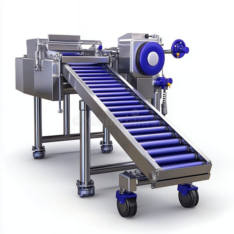 Stainless Steel Food Processing Machine with Blue Conveyor Stock ...