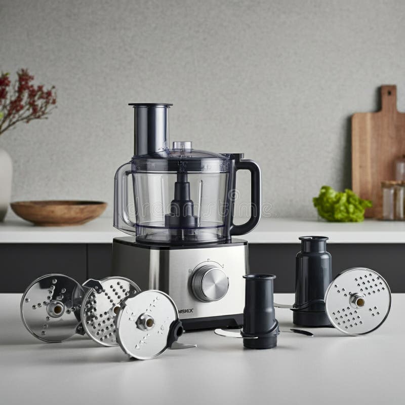 Stainless Steel Food Processor with a Transparent Bowl and Black Handle ...