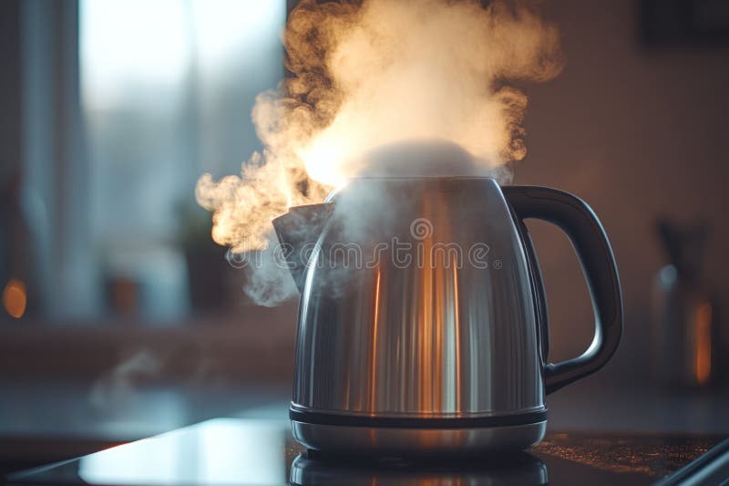 Stainless Steel Kettle Boiling Water and Emitting Steam in a Modern ...