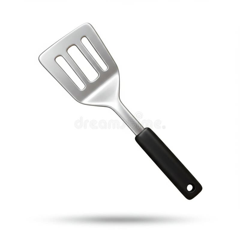 Stainless Steel Kitchen Spatula with Black Handle on White Background ...
