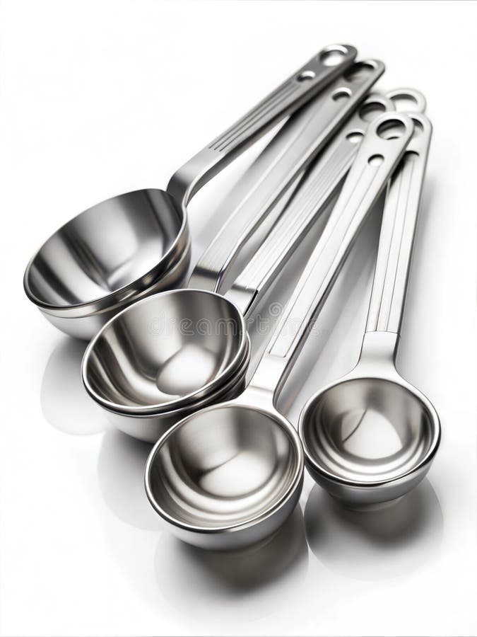 A Set of Shiny, Silver Measuring Spoons, Perfect for Baking Stock Photo ...