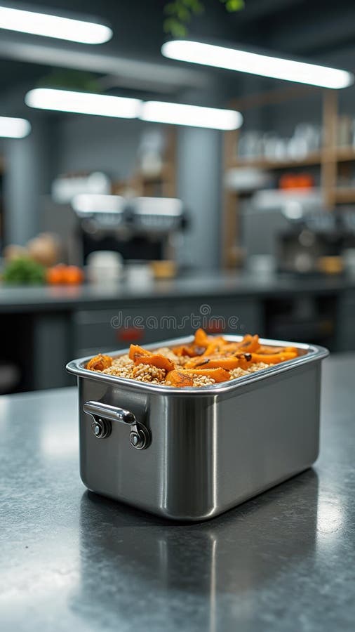 Stainless Steel Pan with Roasted Vegetables and Sesame Seeds on Kitchen ...