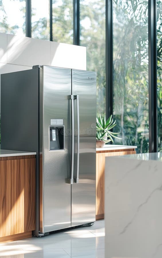 Stainless Steel Refrigerator in Modern Kitchen with Large Windows Stock ...