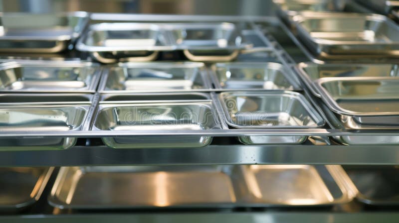 Stainless Steel School Cafeteria Trays Ready for Lunch Service Stock ...