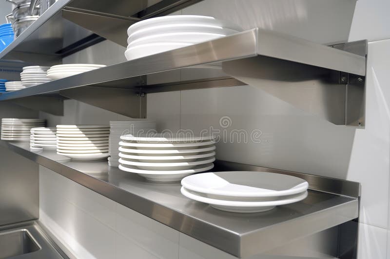 Stainless Steel Shelves with Cookware in the Kitchen Stock Image ...