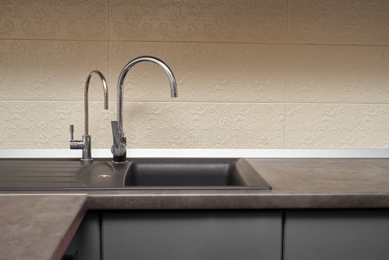 Stainless Steel Sink and Faucet in Kitchen Room Stock Photo - Image of ...