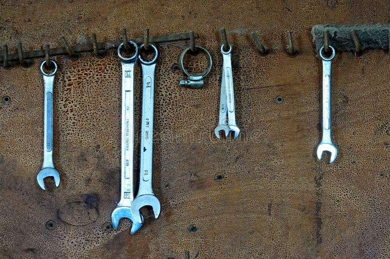 Stainless Steel Spanners on Hooks Stock Image - Image of metal, hooks ...