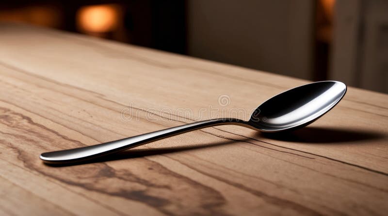 A Stainless Steel Spoon Resting on a Wooden Table. the Spoon Has a ...
